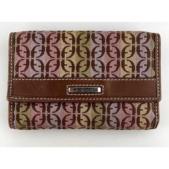 Fossil | Bags | Fossil Wallet Trifold Canvas Monogram Brown Leather ...